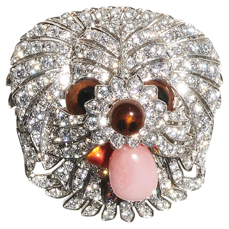 Diamond, Conch Pearl, Enamel and Platinum Dog Ring For Sale at 1stDibs