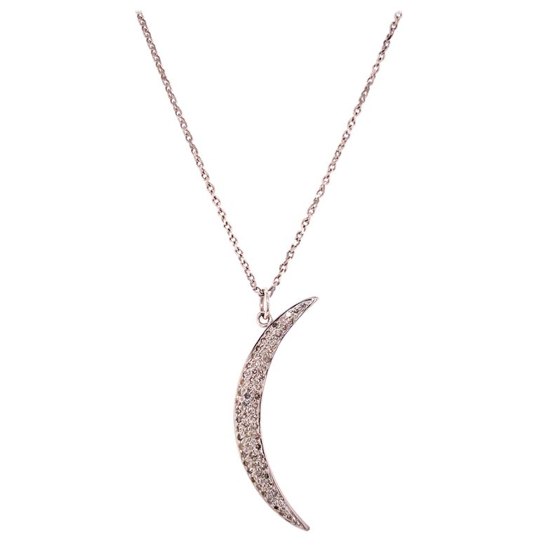 Diamond Crescent Moon Pendant Necklace 18 Karat White Gold at 1stDibs