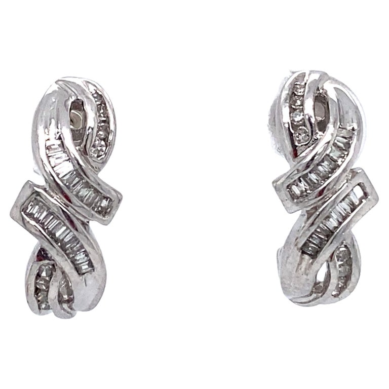 Diamond Criss-Cross J Hoops in 10 Karat White Gold For Sale at 1stDibs