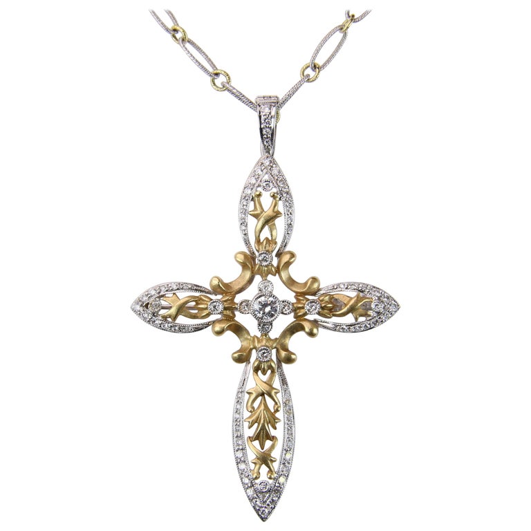 Diamond Cross in White and Yellow Gold For Sale at 1stDibs