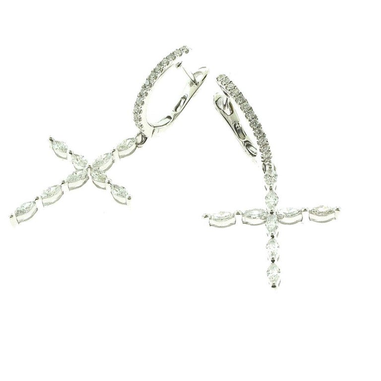 Diamond Cross in White Gold Dangle Earrings For Sale at 1stDibs