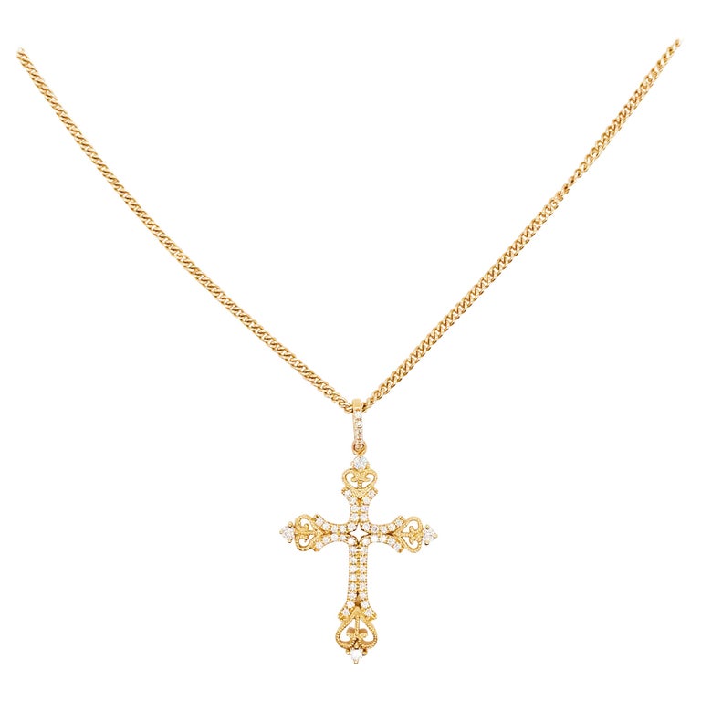 Diamond Cross Pendant and Chain, 18 Karat Yellow Gold Diamond Cross and ...