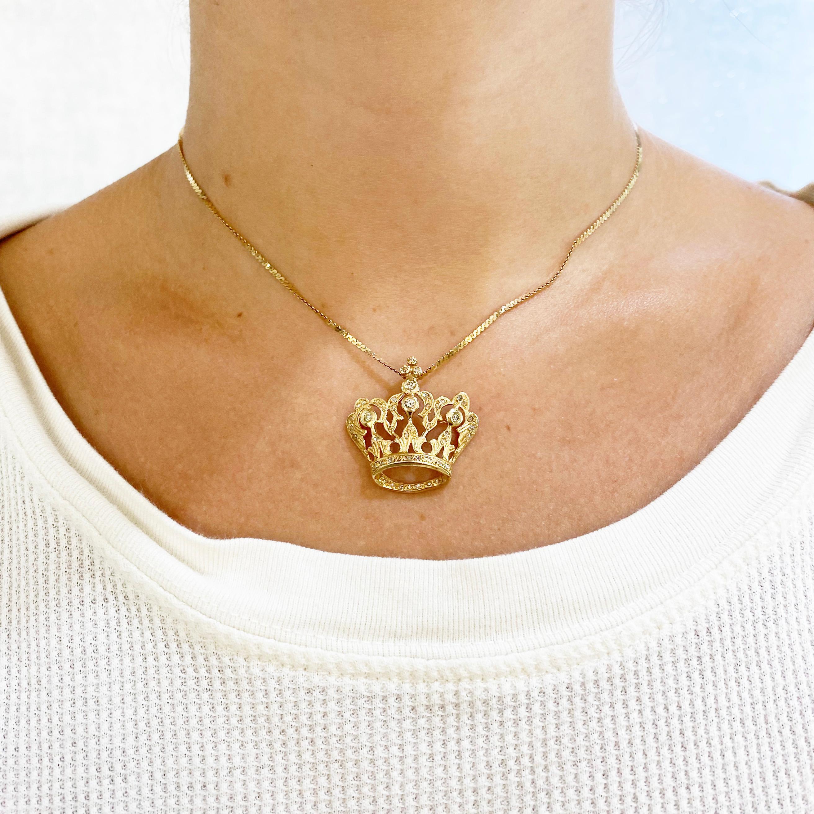 Diamond Crown Pendant in 14 Karat Gold with Flat S-Chain Queen Necklace ...