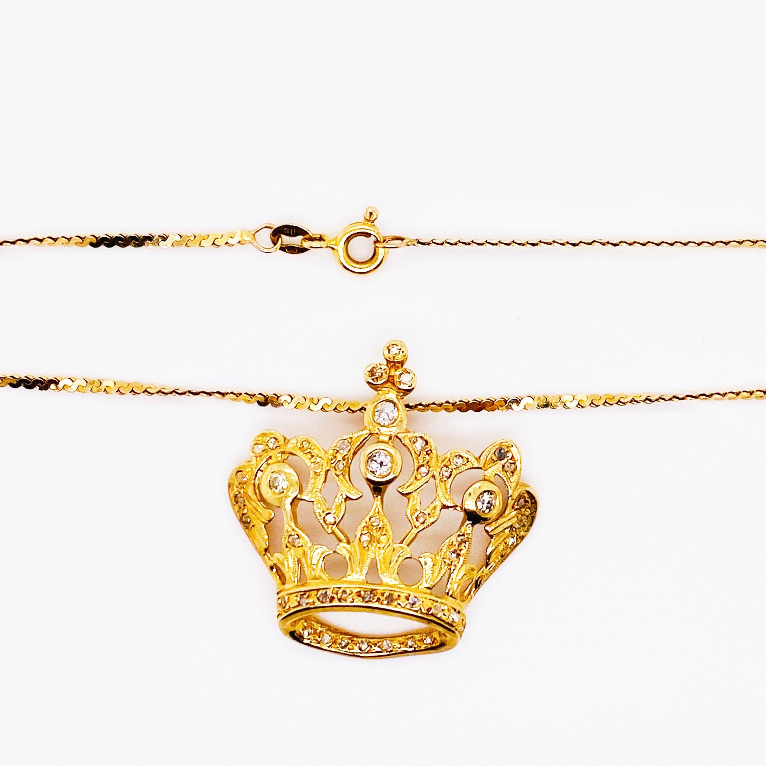 Diamond Crown Pendant in 14 Karat Gold with Flat S-Chain Queen Necklace ...