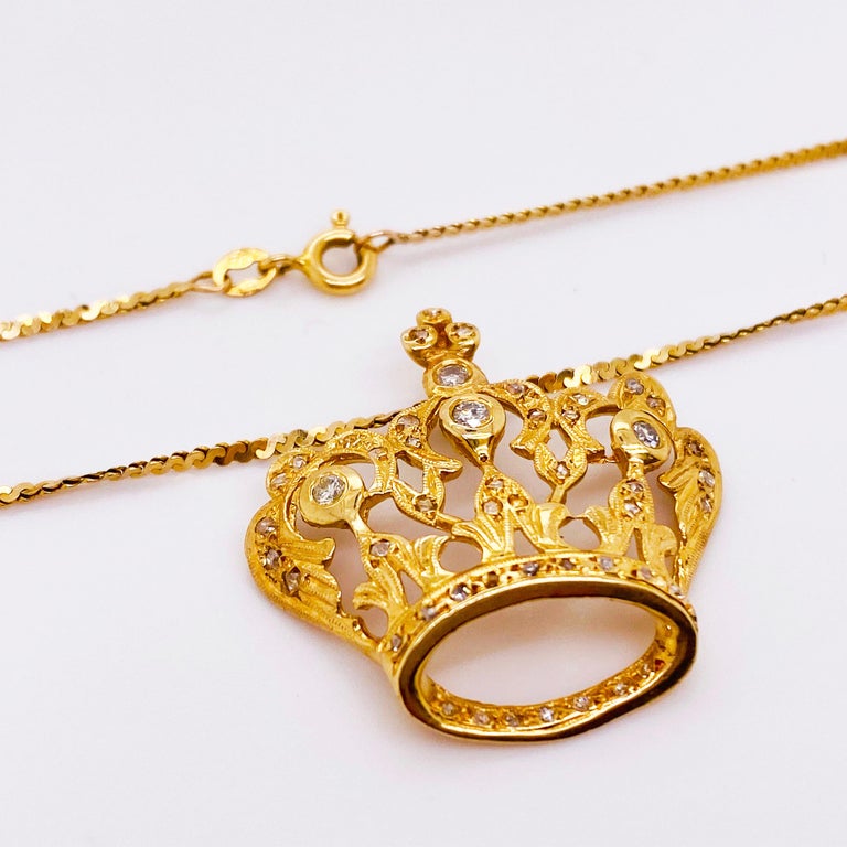 Diamond Crown Pendant in 14 Karat Gold with Flat S-Chain Queen Necklace ...