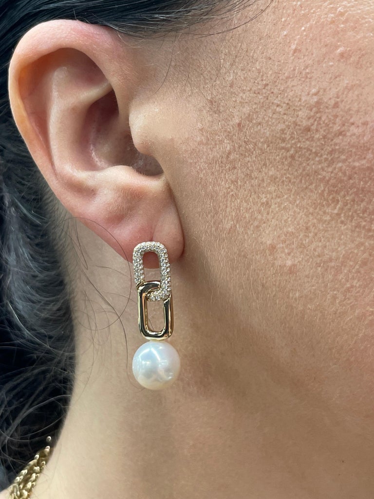 Diamond Cuban Link Drop Freshwater Pearl Earrings 0.46 Carats 14K Gold ...