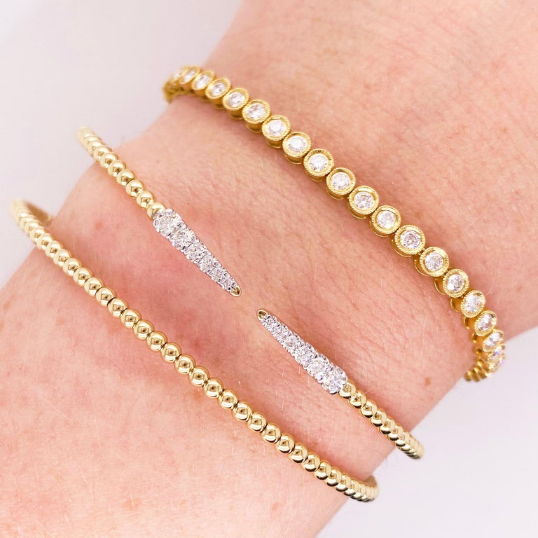 Diamond Cuff Bracelet, Split 14K Yellow Gold Bujukan Bead Bangle ...