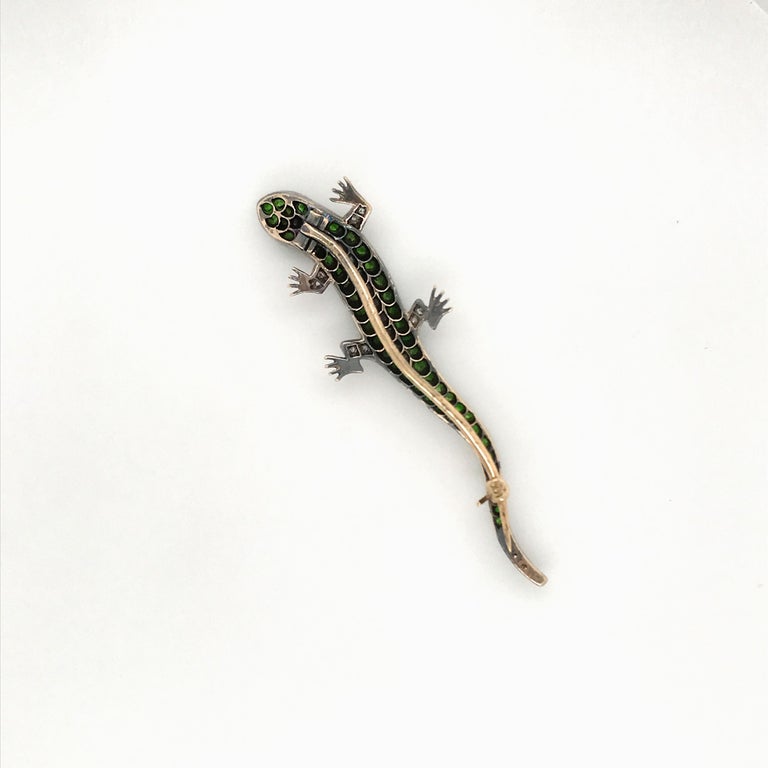 Diamond Demantoid Garnet and Ruby Salamander Brooch Pin For Sale at 1stDibs