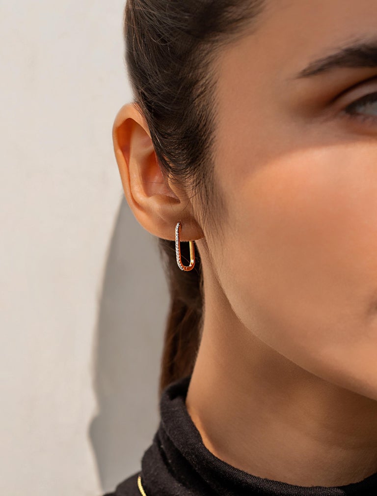 Diamond Designer Block Hoop Earrings in 14K Yellow Gold For Sale at 1stDibs