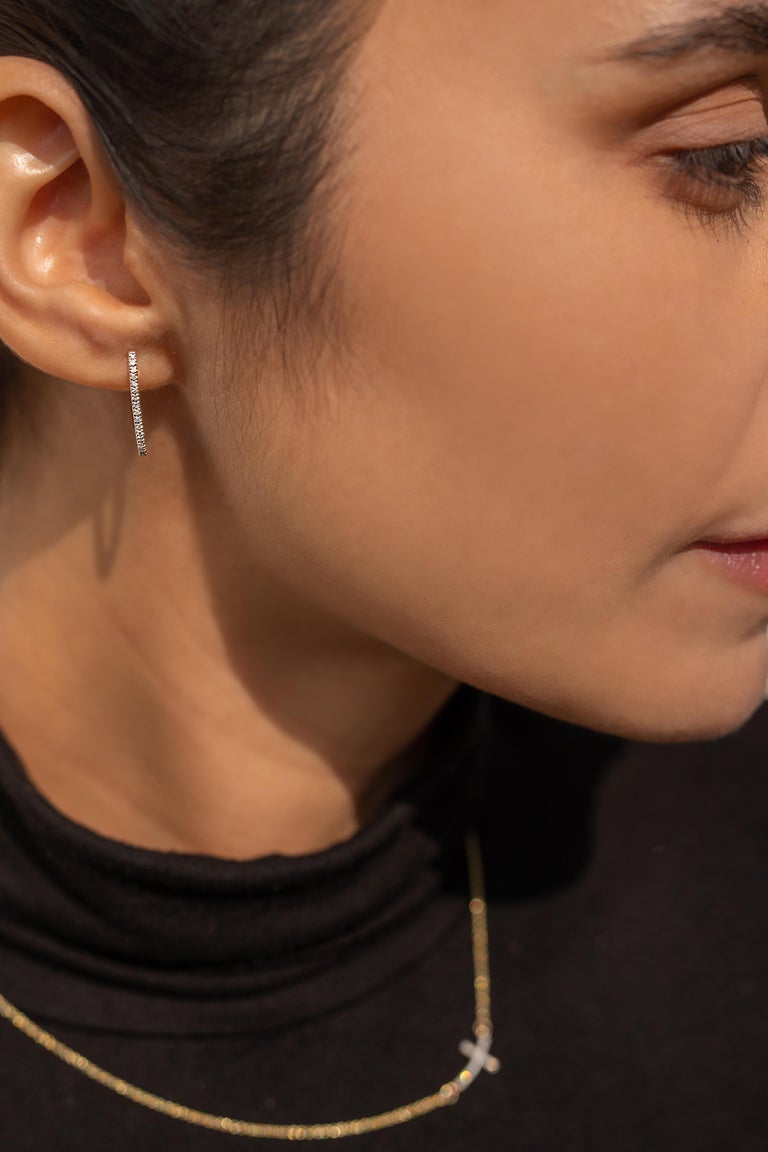 Diamond Designer Block Hoop Earrings in 14K Yellow Gold For Sale at 1stDibs
