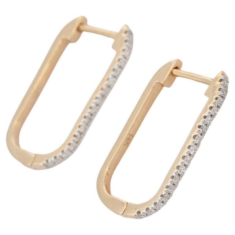 Diamond Designer Block Hoop Earrings in 14K Yellow Gold For Sale at 1stDibs