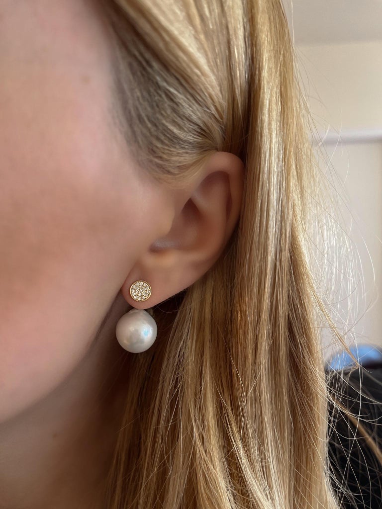 Diamond Disk Baroque Pearl Drop Earrings For Sale at 1stDibs