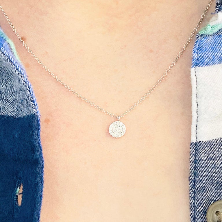 Diamond Disk Necklace, 14 Karat White Gold, Round Pave Diamond Disk ...