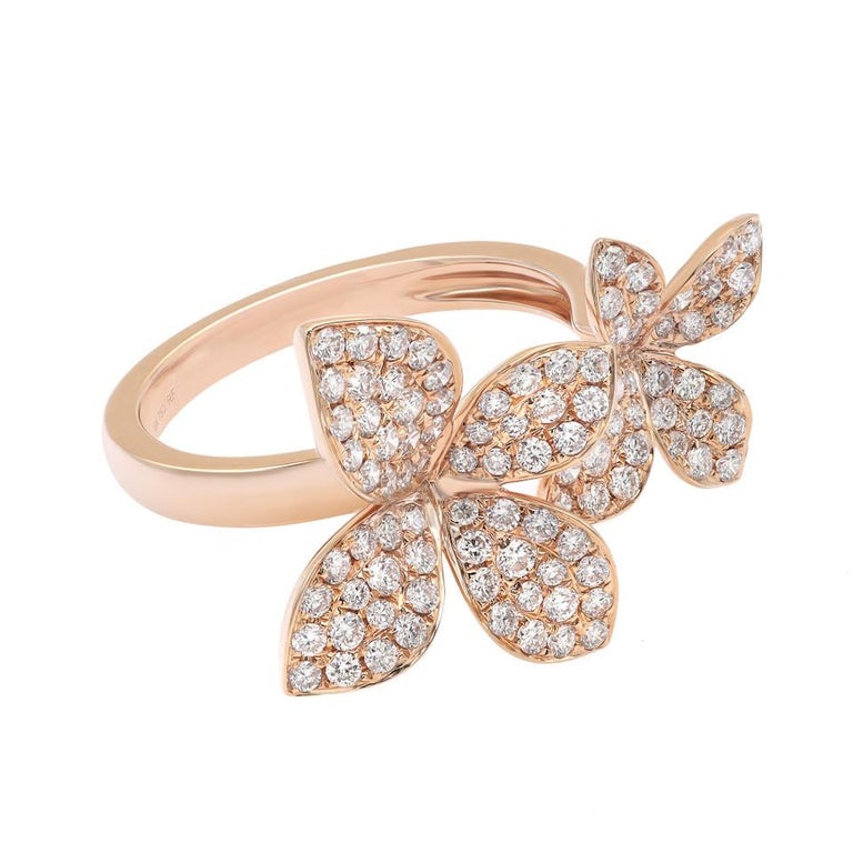 Diamond Double Flower Statement Ring in 18K Rose Gold For Sale at 1stDibs