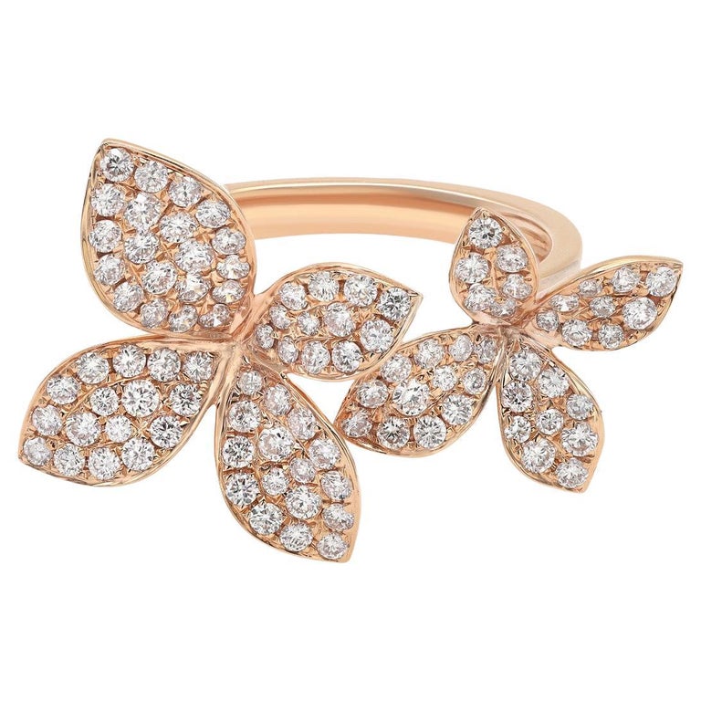 Diamond Double Flower Statement Ring in 18K Rose Gold For Sale at 1stDibs