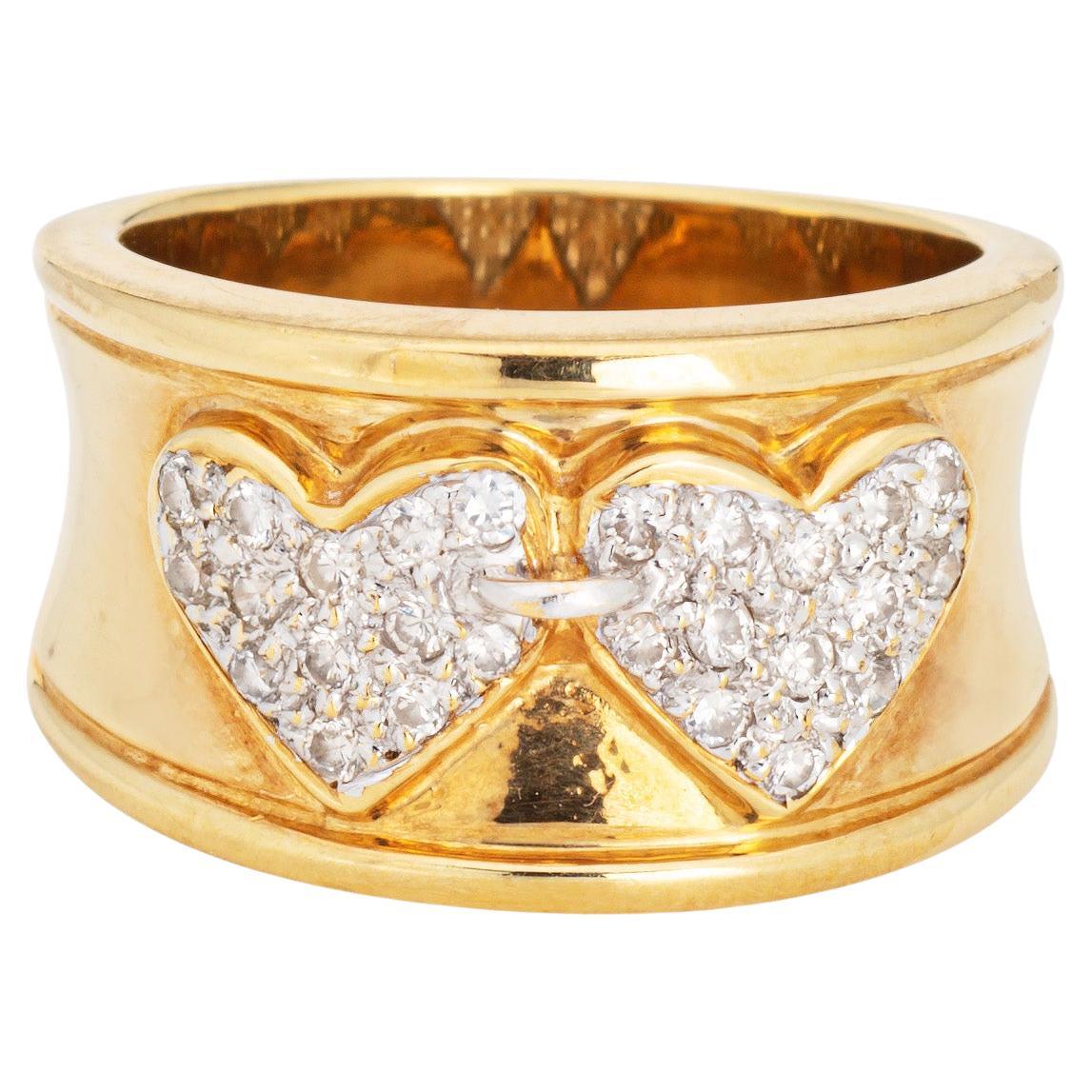 Antique 18K Yellow Gold Double Heart Diamond Ring. For Sale at 1stDibs