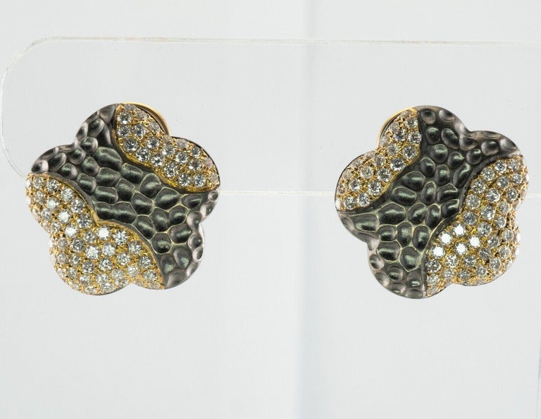 Diamond Earrings 18K Gold Hallmarked BA Flower Omega For Sale at 1stDibs