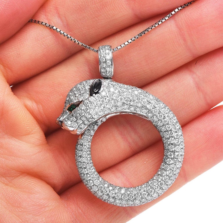 Diamond Emerald 18K White Gold Panther Pave Diamond Pendant For Sale at ...