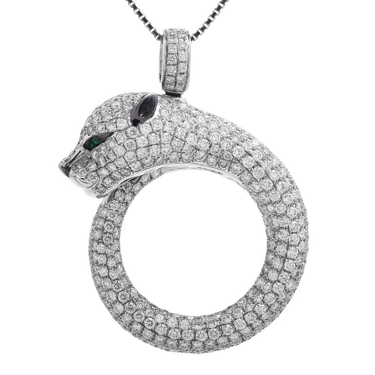 Diamond Emerald 18K White Gold Panther Pave Diamond Pendant For Sale at ...