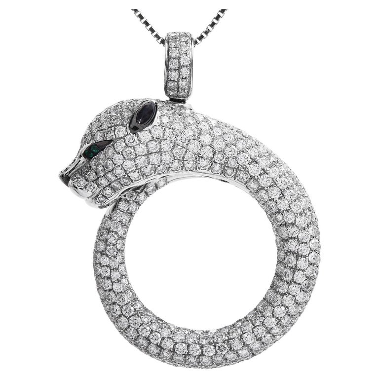 Diamond Emerald 18K White Gold Panther Pave Diamond Pendant For Sale at ...