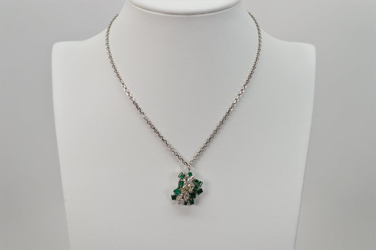Diamond Emerald Abstract Cluster 14 Karat White Gold Pendant Necklace ...