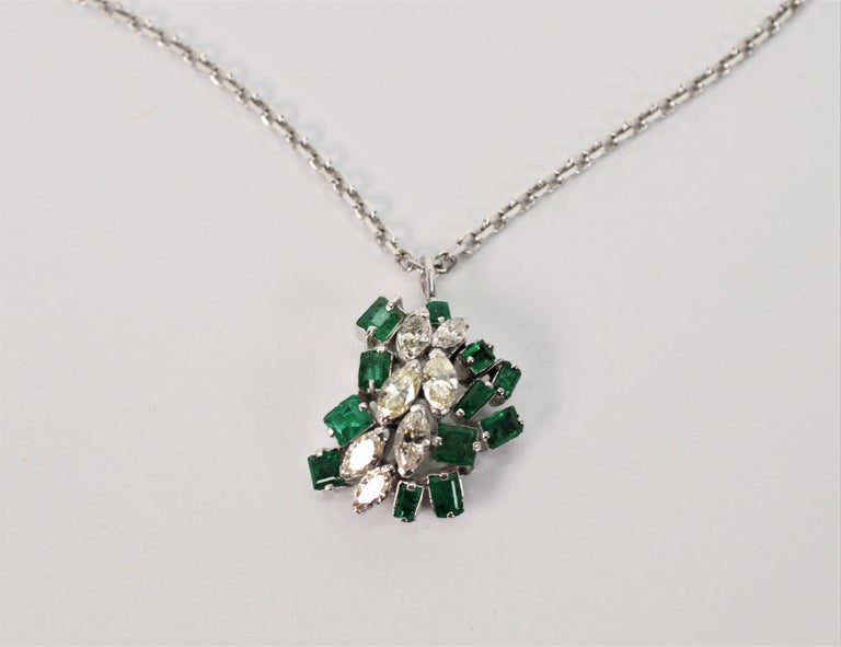 Diamond Emerald Abstract Cluster 14 Karat White Gold Pendant Necklace ...