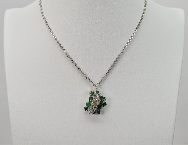 Diamond Emerald Abstract Cluster 14 Karat White Gold Pendant Necklace ...