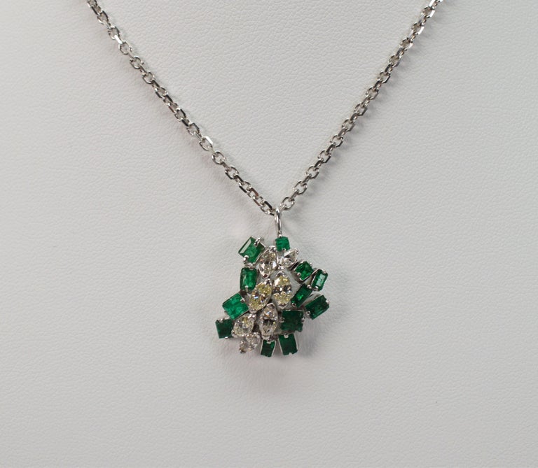 Diamond Emerald Abstract Cluster 14 Karat White Gold Pendant Necklace ...
