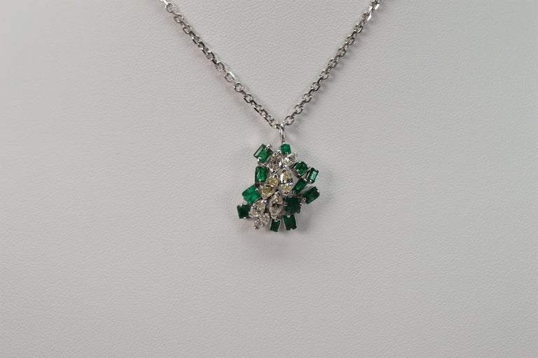 Diamond Emerald Abstract Cluster 14 Karat White Gold Pendant Necklace ...