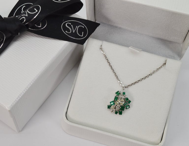 Diamond Emerald Abstract Cluster 14 Karat White Gold Pendant Necklace ...
