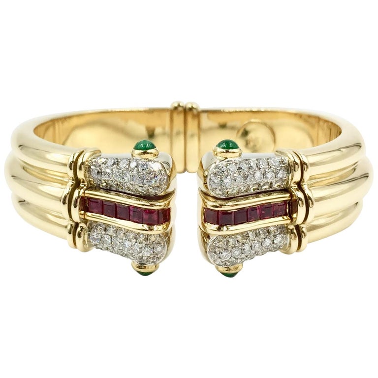 Diamond, Emerald and Ruby 18 Karat Wide Cuff Bracelet For Sale at 1stDibs