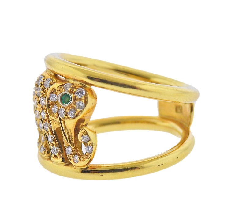 Diamond Emerald Gold Elephant Band Ring For Sale at 1stDibs