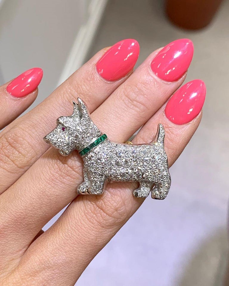 Diamond and Emerald Scottie Dog Brooch in White Gold at 1stDibs ...