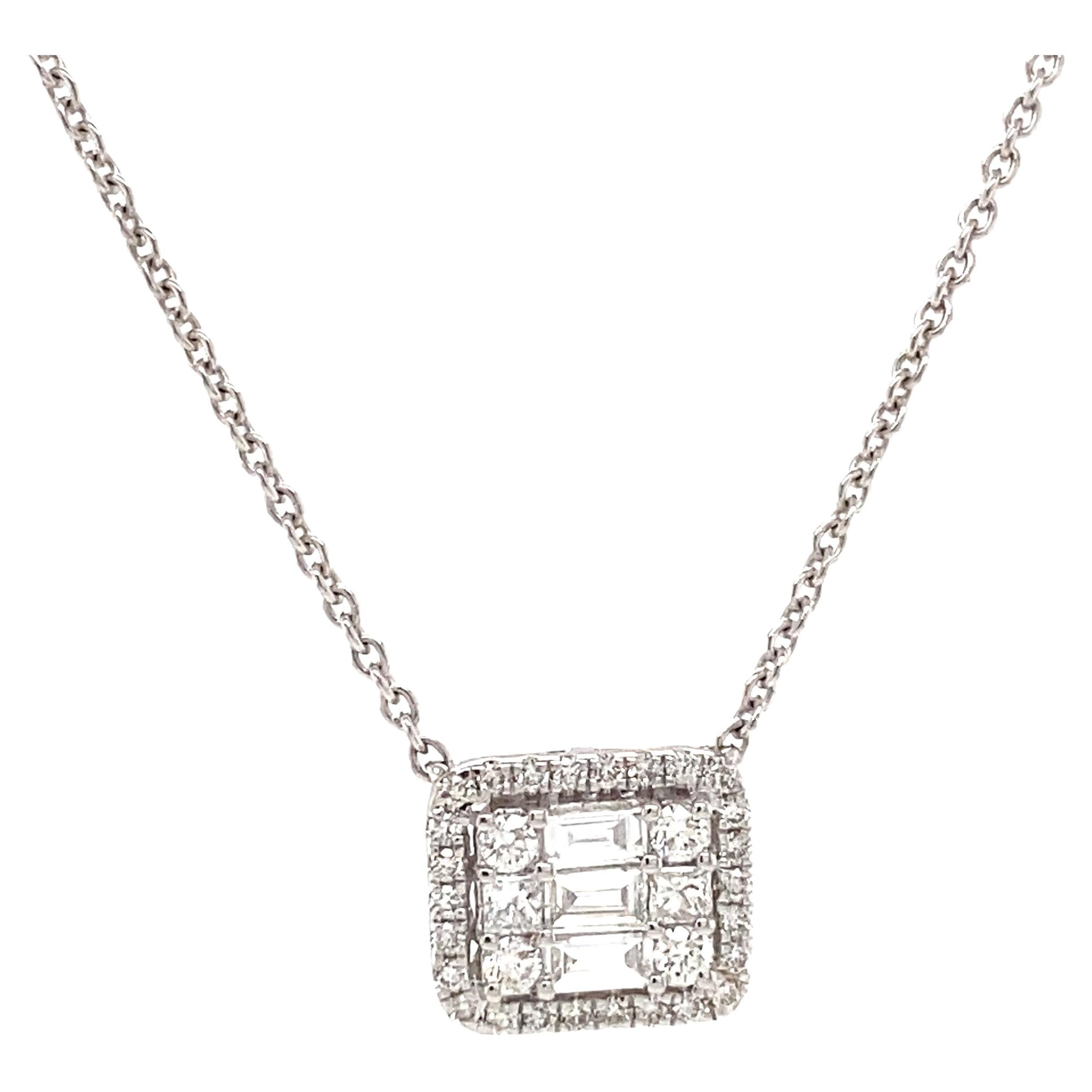 Diamond Emerald Shape Cluster 14k White Gold Necklace For Sale at 1stDibs