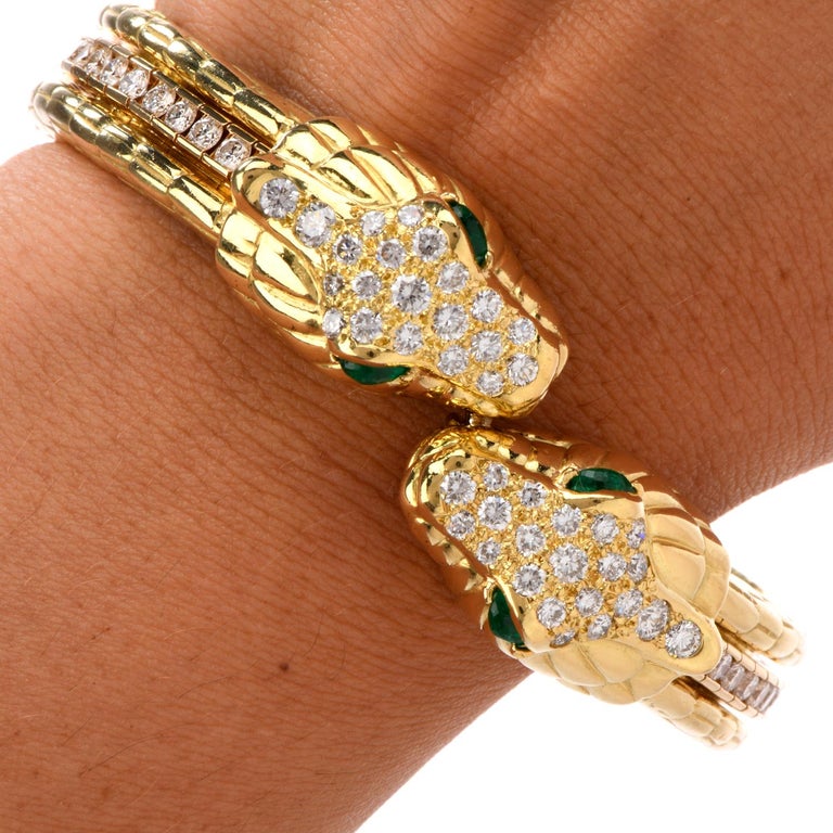 Diamond Emerald Snake Head 18 Karat Gold Cuff and Tennis Bracelet For ...