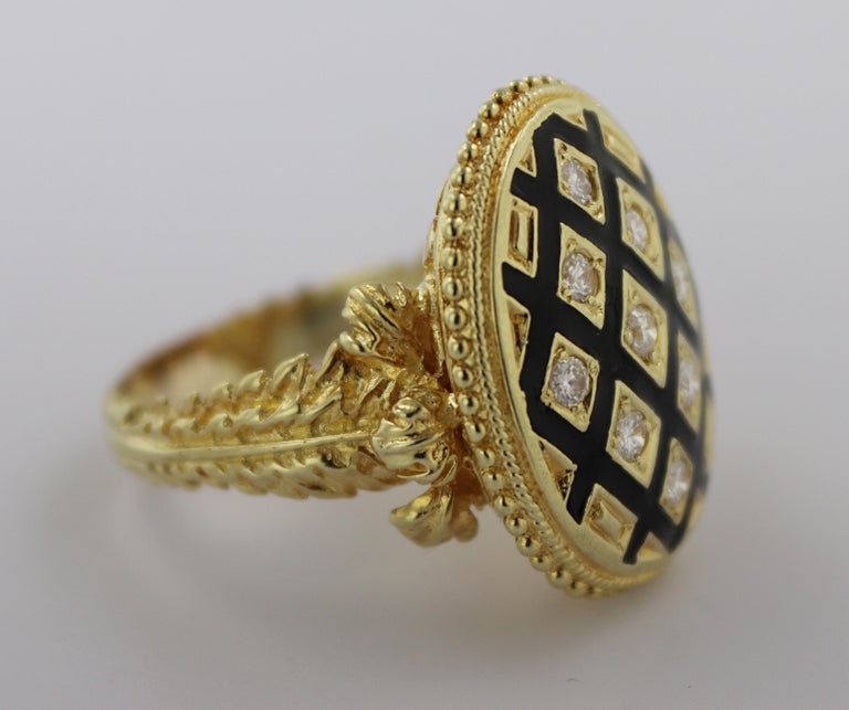 Diamond, Enamel, 14k Yellow Gold Ring For Sale at 1stDibs