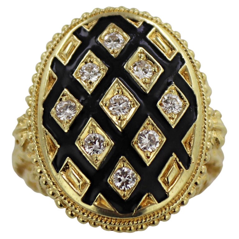 Diamond, Enamel, 14k Yellow Gold Ring For Sale at 1stDibs