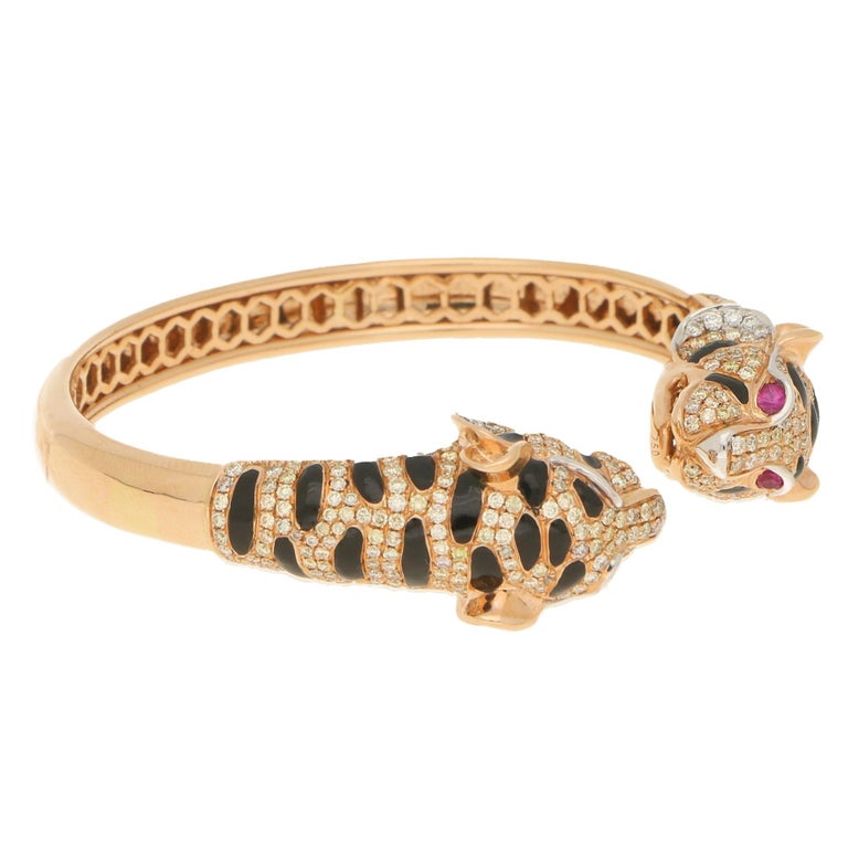 Tiger's Head Bangle in 18ct Rose Gold Set with Diamonds, Enamel and ...