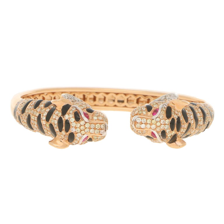 Tiger's Head Bangle in 18ct Rose Gold Set with Diamonds, Enamel and ...