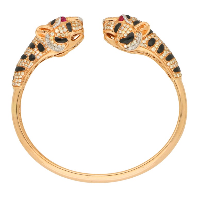 Tiger's Head Bangle in 18ct Rose Gold Set with Diamonds, Enamel and ...