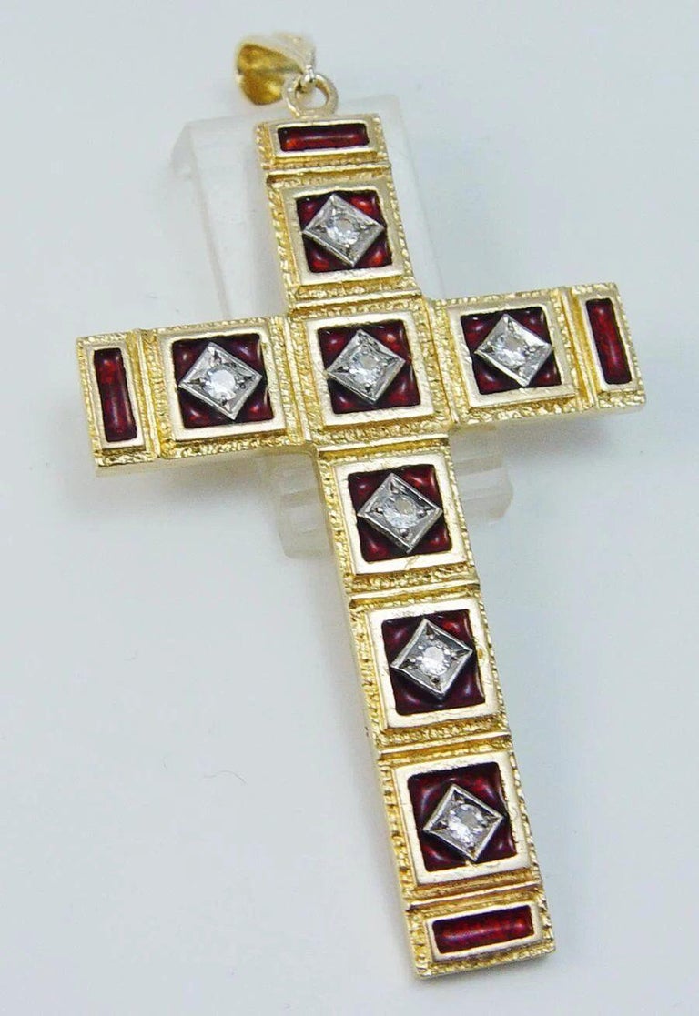 Diamond Enamel Cross Pendant 18K Gold Vintage For Sale at 1stDibs