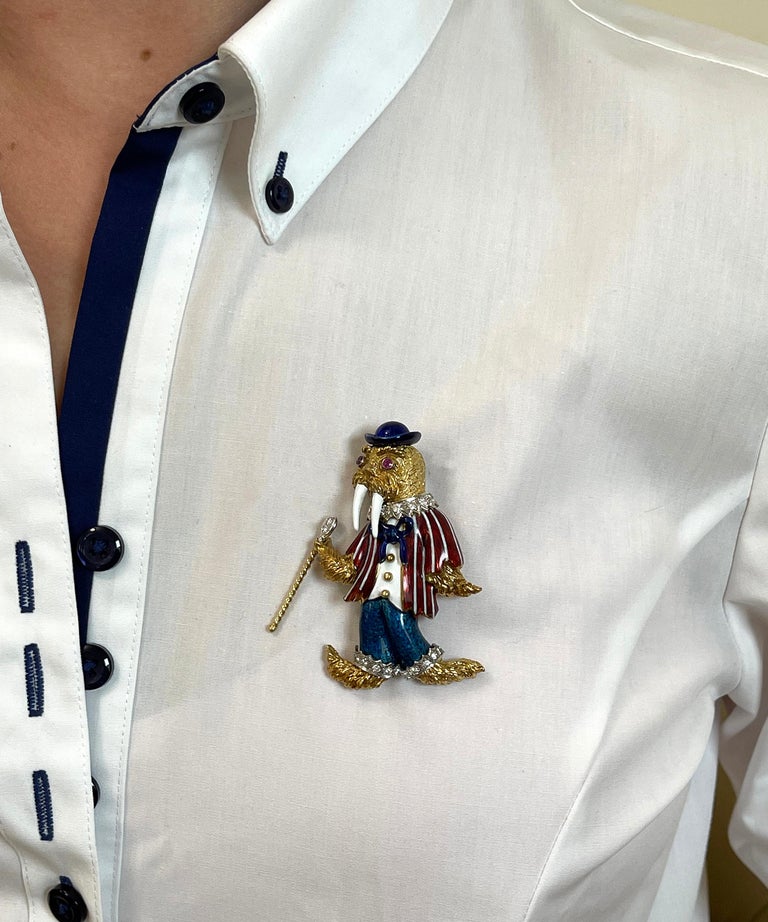 Diamond Enamel Ruby Gold Walrus Brooch Pin For Sale at 1stDibs