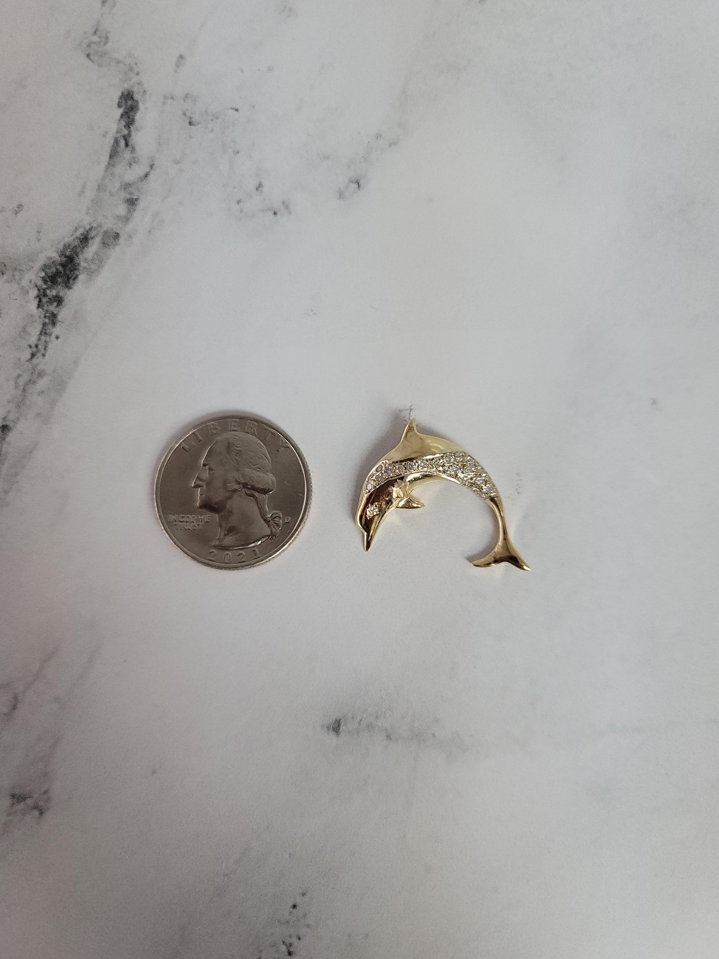 Diamond Encrusted Dolphin Necklace 14k Yellow Gold For Sale at 1stDibs