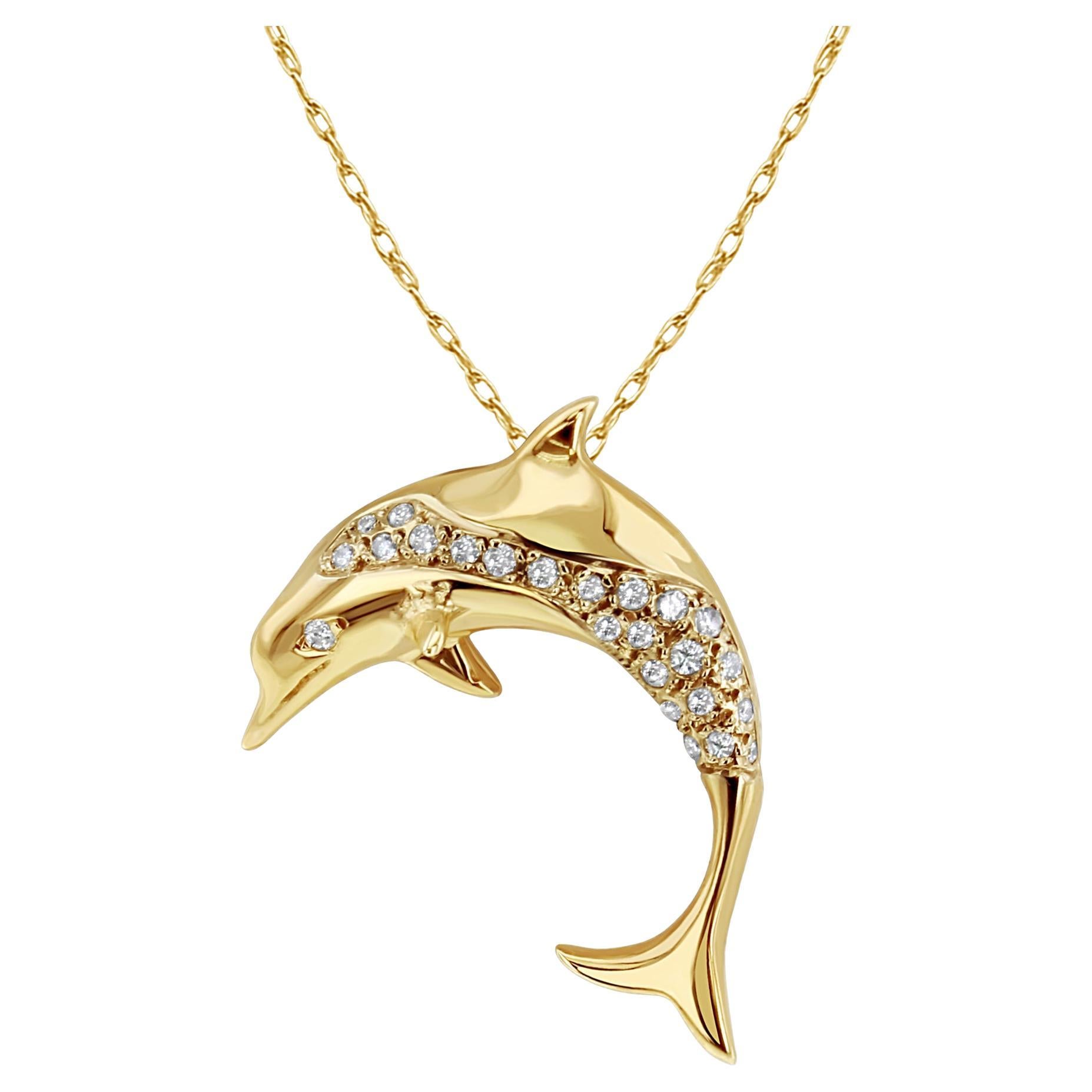 Diamond Encrusted Dolphin Necklace 14k Yellow Gold For Sale at 1stDibs