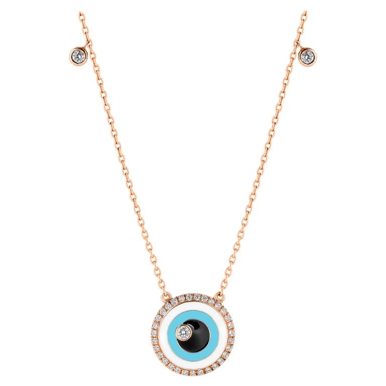 Diamond Evil Eye Talisman Necklace 18K Yellow Gold Turquoise White Black Enamel For Sale at 1stDibs