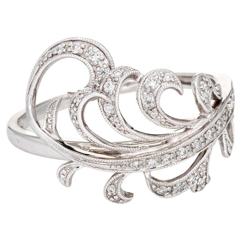 Diamond Feather Ring Estate 14k White Gold Sz 9 Vintage Fine Jewelry ...