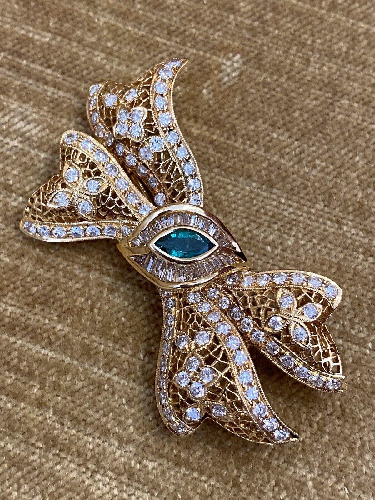 Diamond Filigree Bow Pin Brooch with Emerald in 18k Yellow Gold For ...