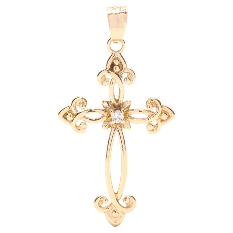Diamond Filigree Cross Pendant, 14KT Yellow Gold For Sale at 1stDibs