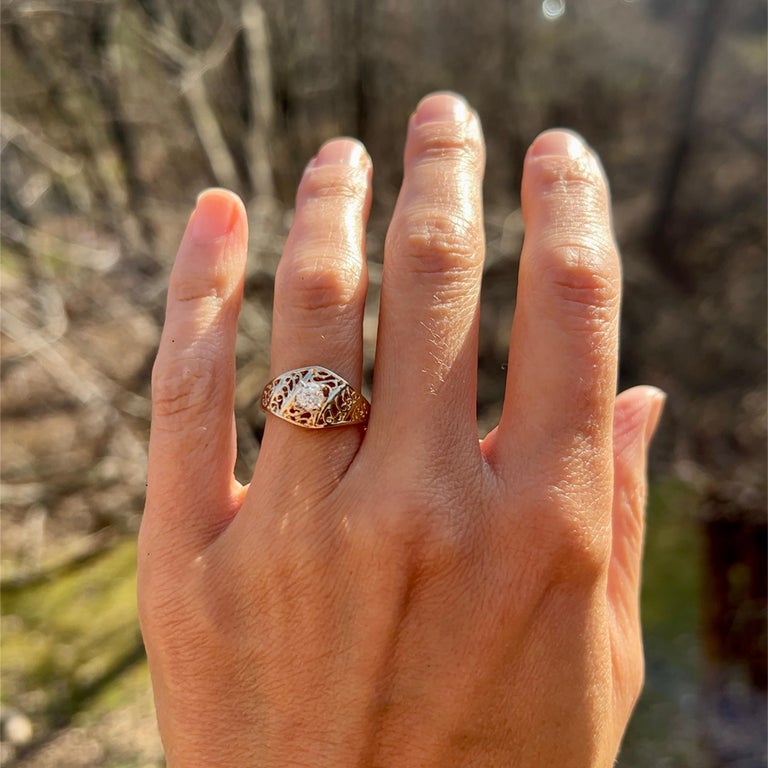Diamond Filigree Engagement Ring in 14k Yellow Gold For Sale at 1stDibs