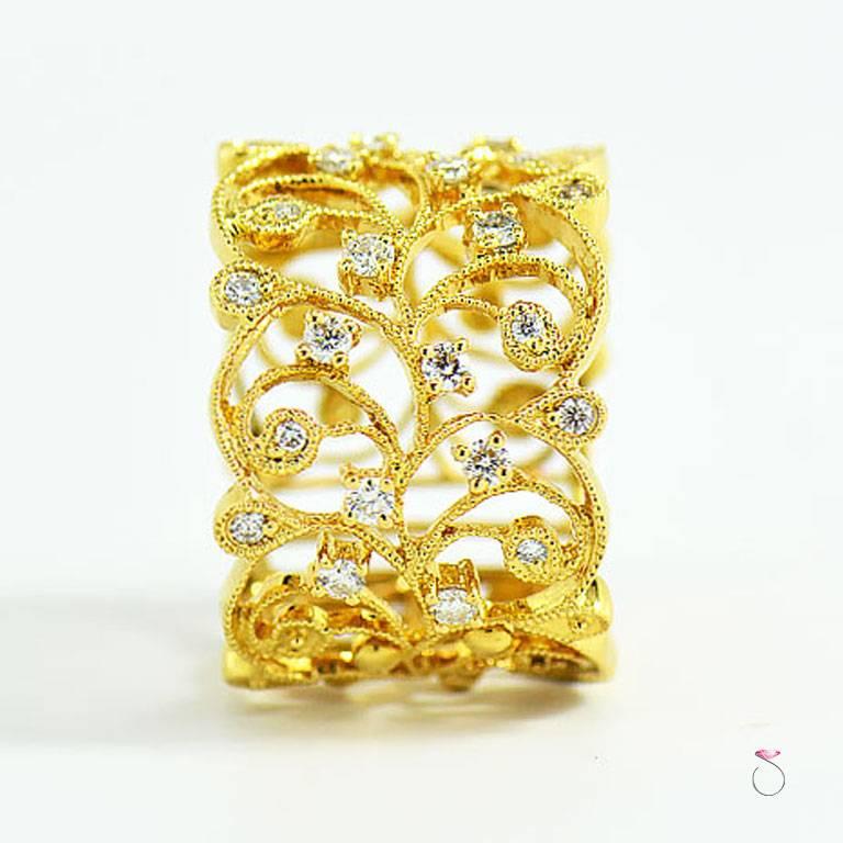 Diamond Filigree Floral Wide Band, 18 Karat Yellow Gold at 1stDibs